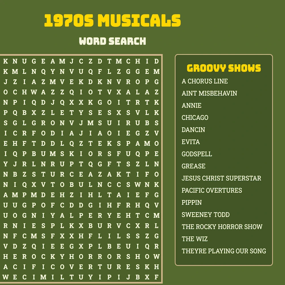 1970s Musicals Word Search Puzzle | Drama Puzzles