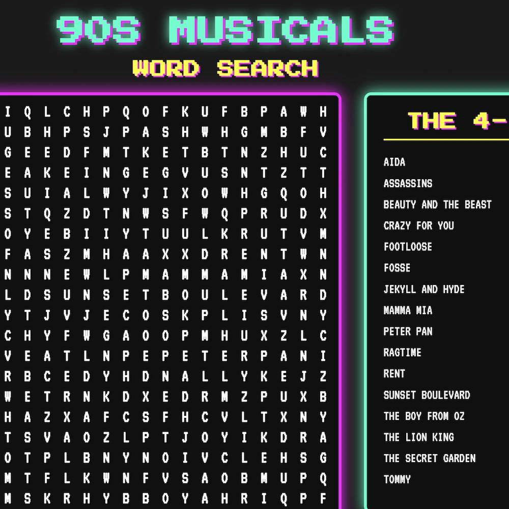 1990s Musicals Word Search Puzzle | Drama Puzzles