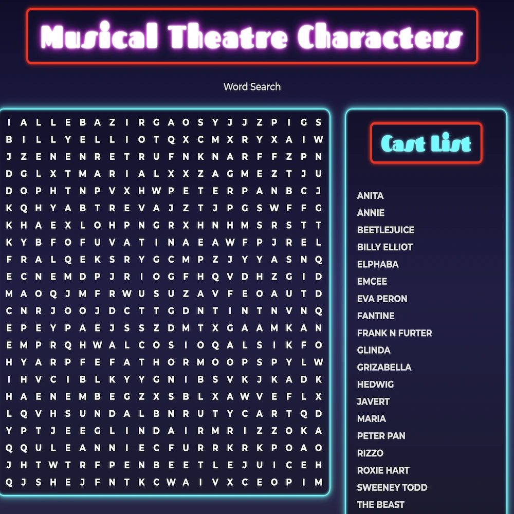 Musical Theatre Characters Word Search | Drama Puzzles